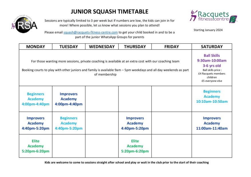 Racquets Fitness Centre | Junior Squash Timetable - January 2024 ...